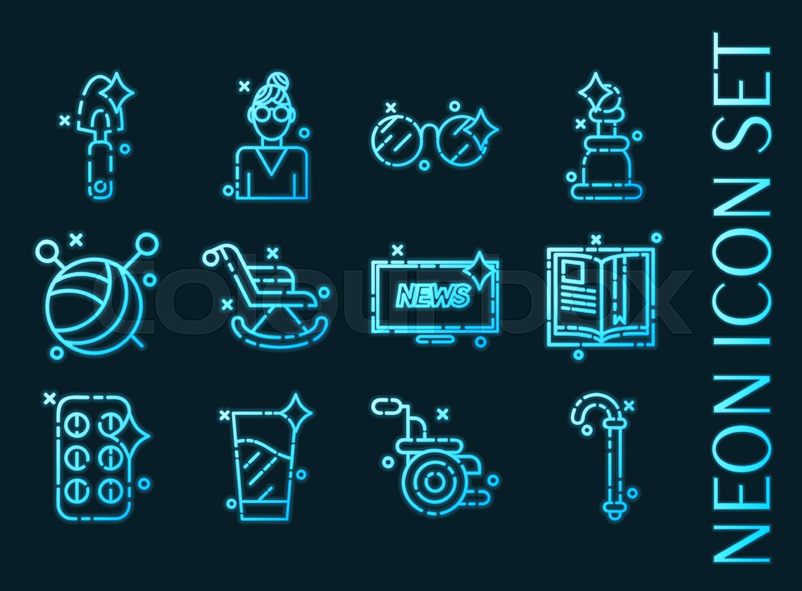 Old age set icons. Blue glowing neon style | Stock vector | Colourbox