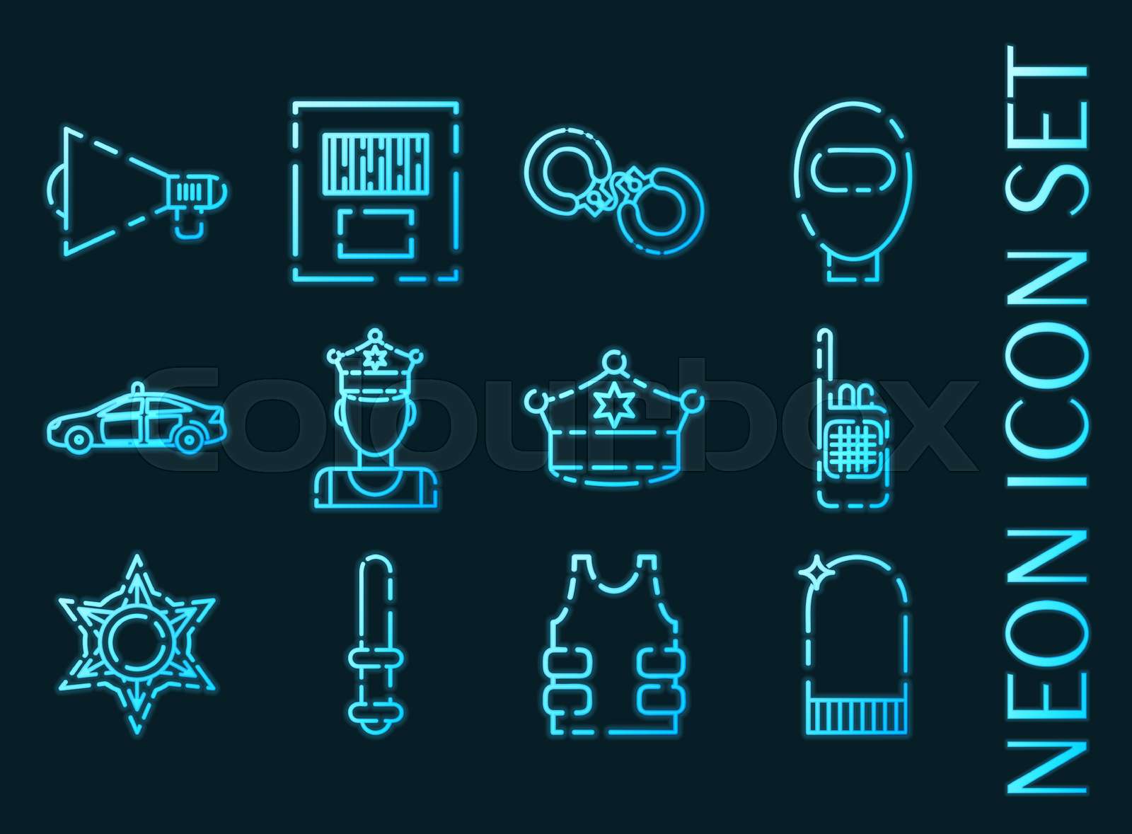 Police set icons. Blue glowing neon style. | Stock vector | Colourbox
