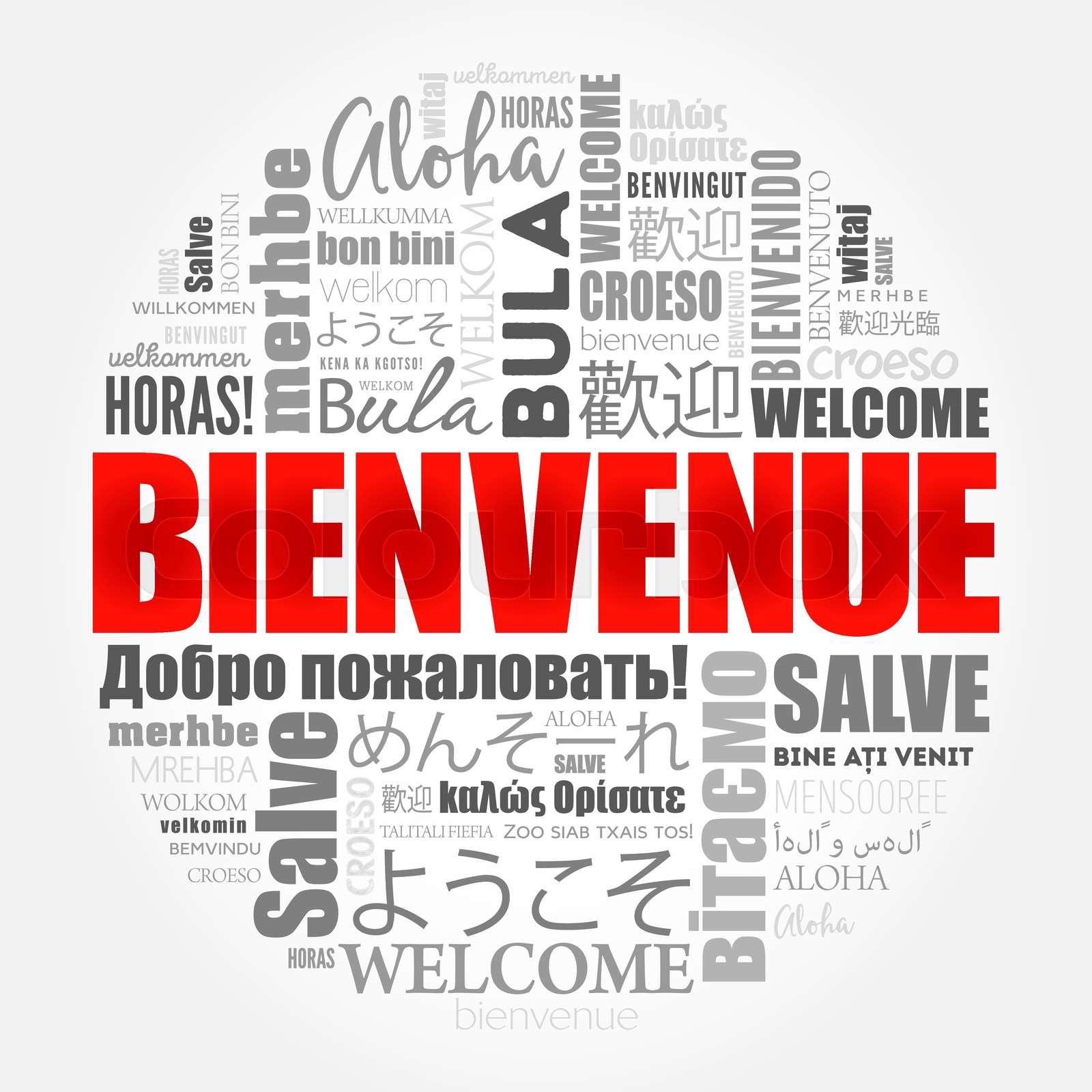 Bienvenue (Welcome in French) word cloud in different languages ...