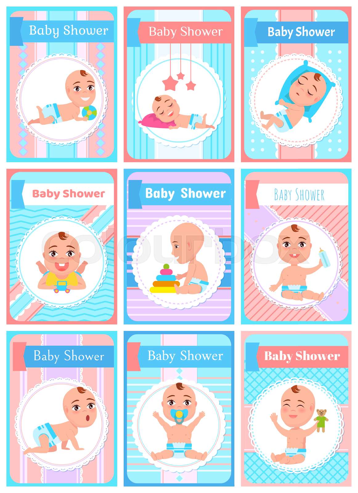 Cartoon Set with Cute Little Babies in Diaper | Stock vector | Colourbox