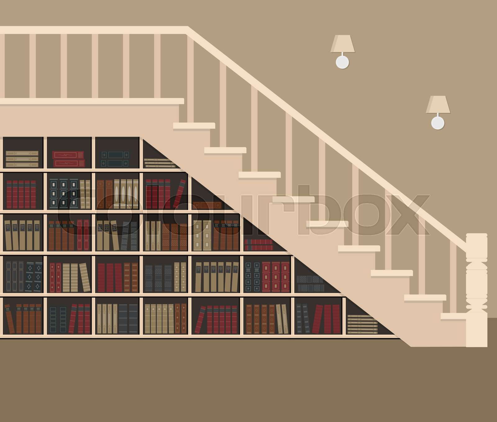 Library under the stairs. Home library interior. Books on bookshelves ...