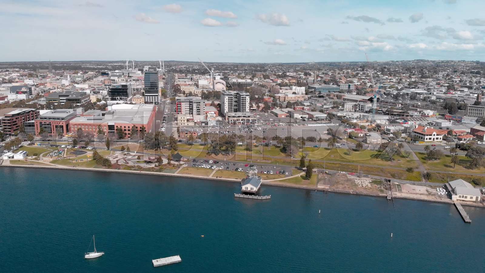 Aerial view of Geelong, Victoria, Australia. Cityscape and coastline ...