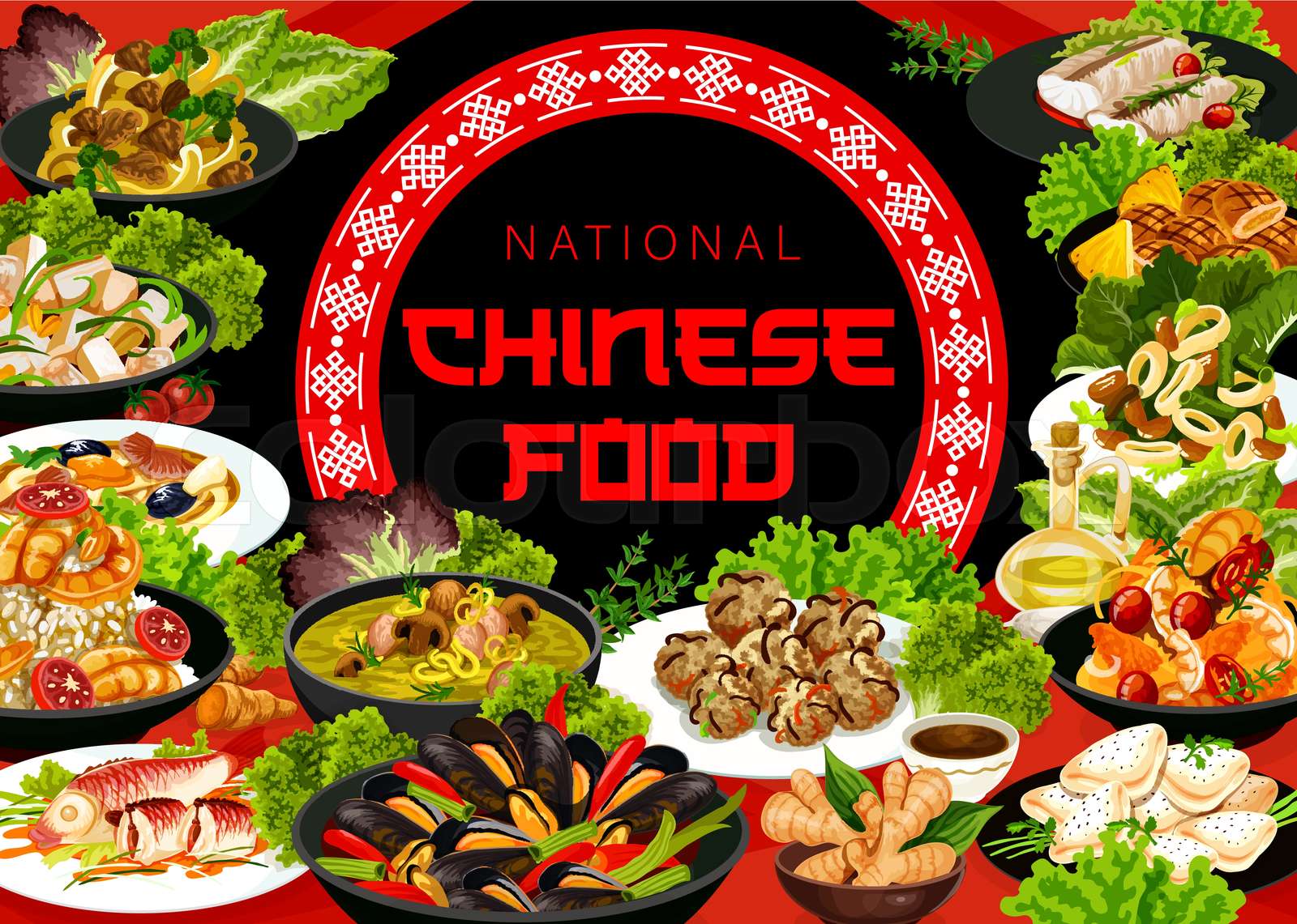 China food asian dishes cartoon vector poster | Stock vector | Colourbox