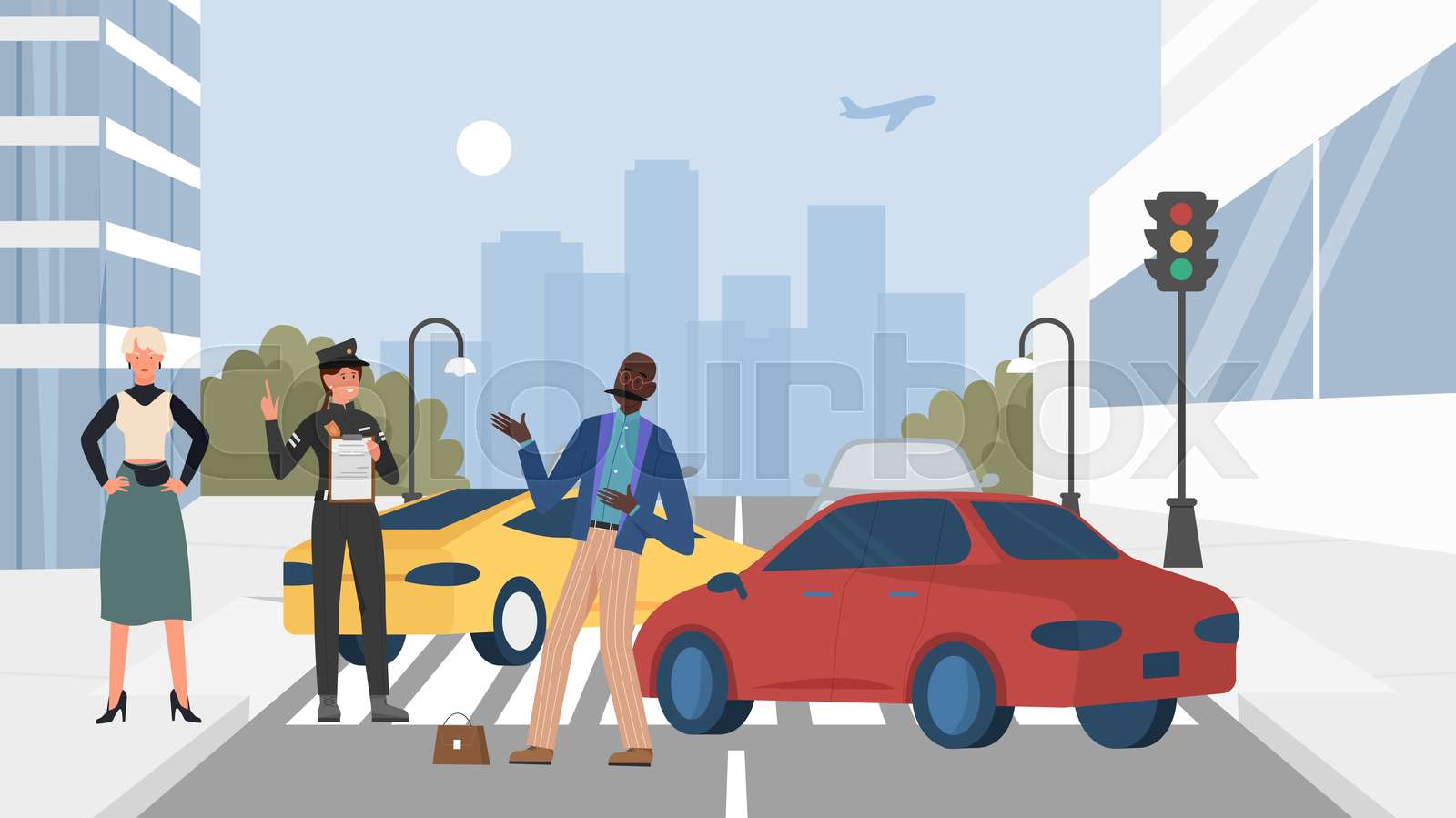 Traffic accident scene with cars, cartoon cityscape with police officer ...