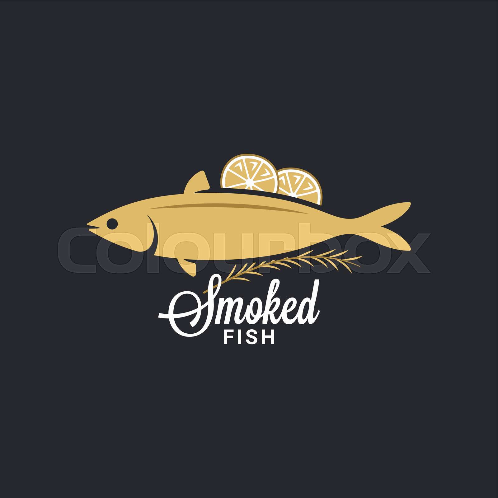 Smoked fish logo. Fish with lemon and rosemary | Stock vector | Colourbox