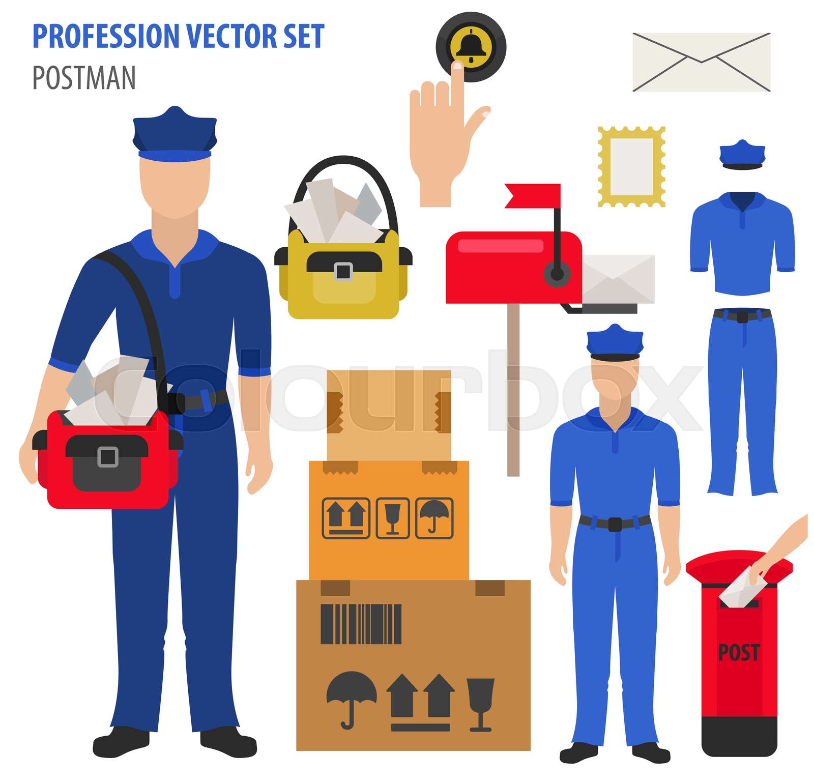 Profession and occupation set. Postman`s equipment, uniform flat design ...