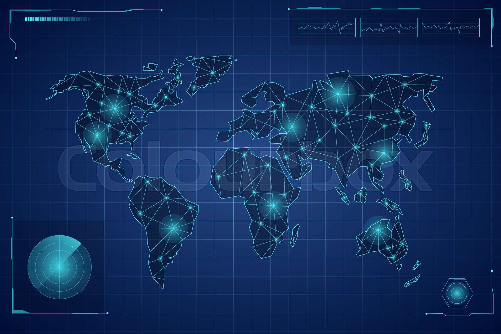 Techno world map. Digital continents with rays meredians and ocean grid ...