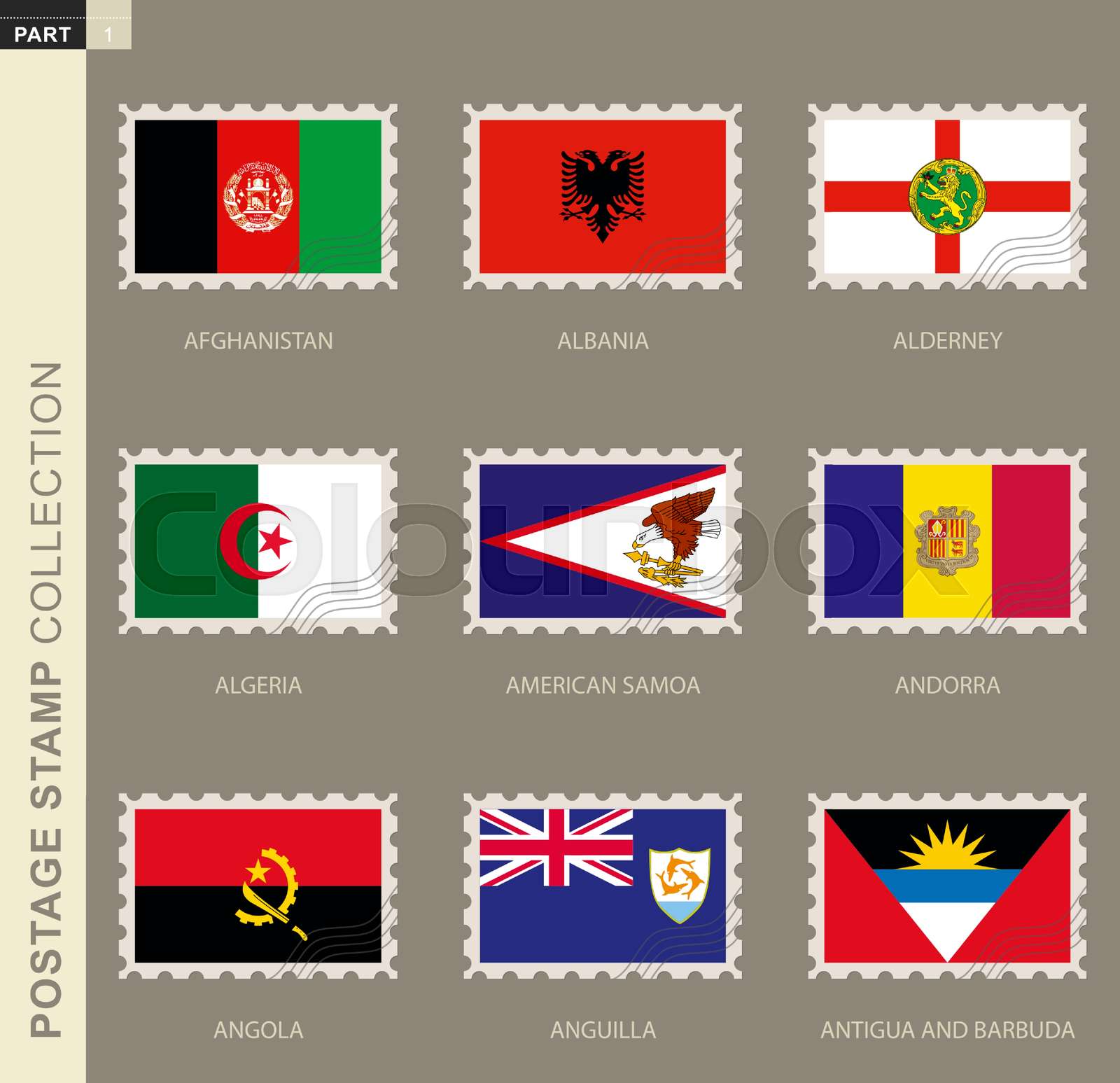 Postage stamp with flag, collection of 9 flag. | Stock vector | Colourbox