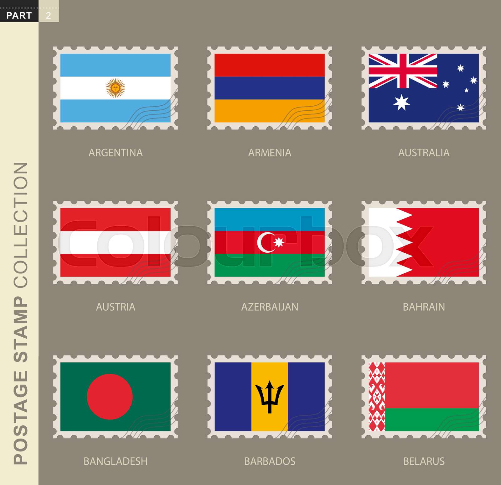 Postage stamp with flag, collection of 9 flag. | Stock vector | Colourbox