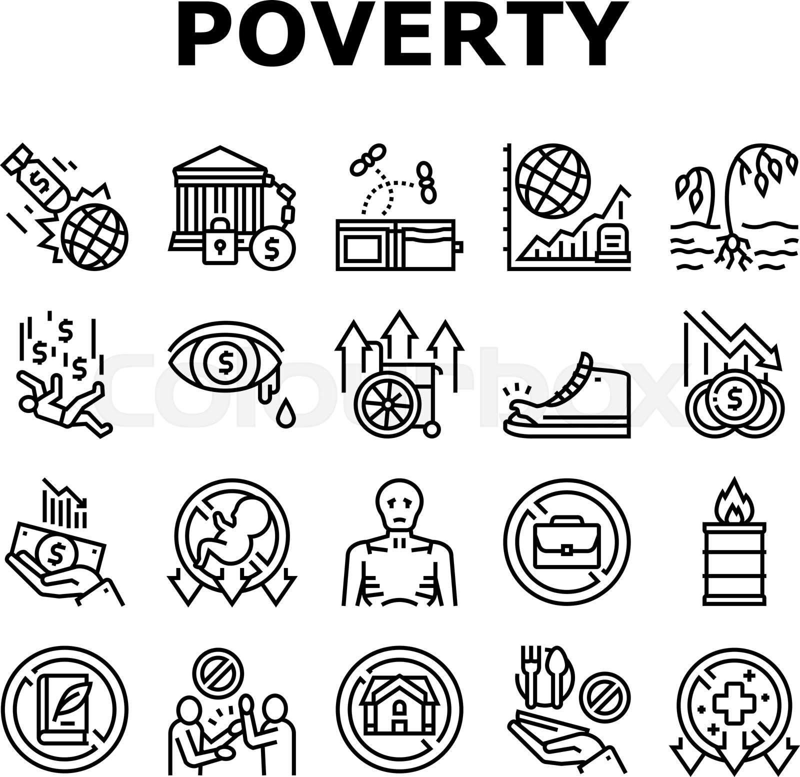 Poverty Destitution Collection Icons Set Vector | Stock vector | Colourbox