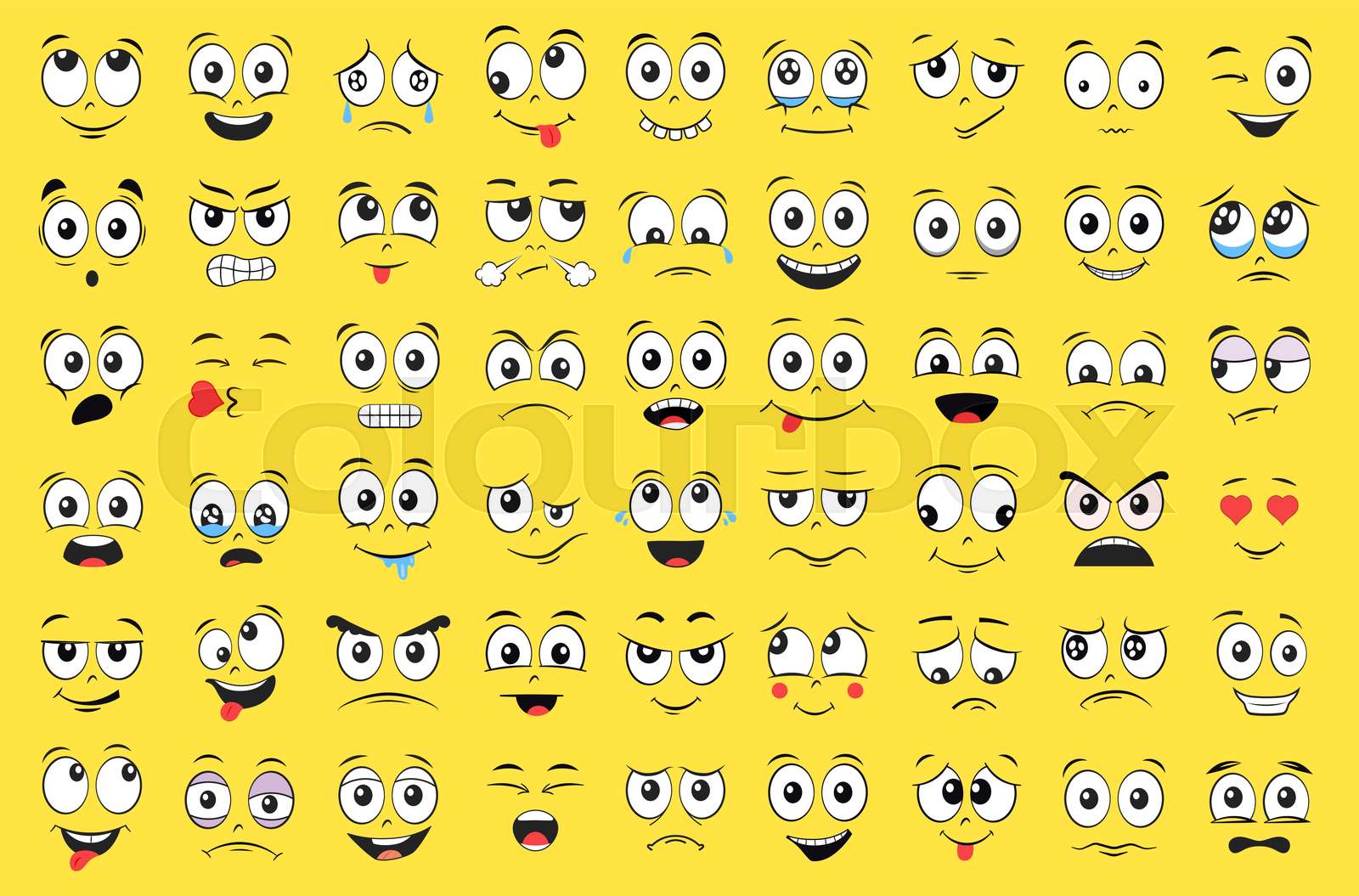 Cartoon faces set. Angry, laughing, smiling, crying, scared and other ...