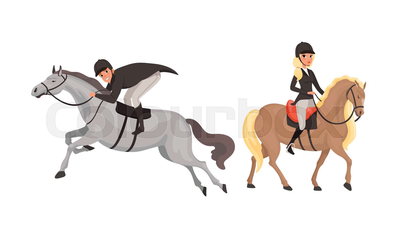 Equestrian Sport Set, Man and Woman Pacticing Horseback Riding Cartoon ...