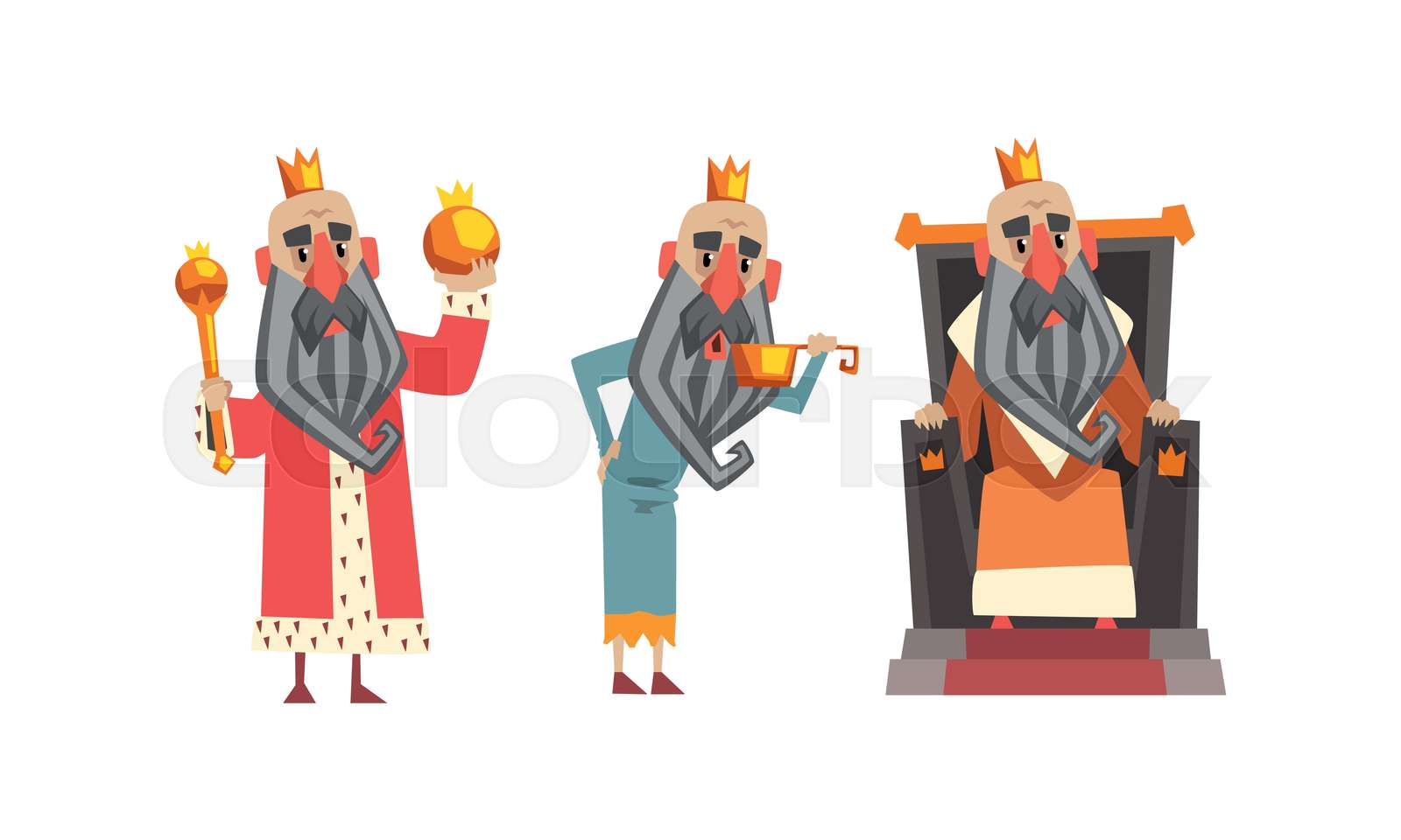 Funny King Character Set, Old Comic Bald Bearded King Wearing Gold ...