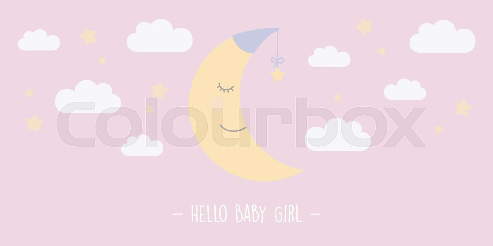 hello baby girl greeting card with cute moon | Stock vector | Colourbox