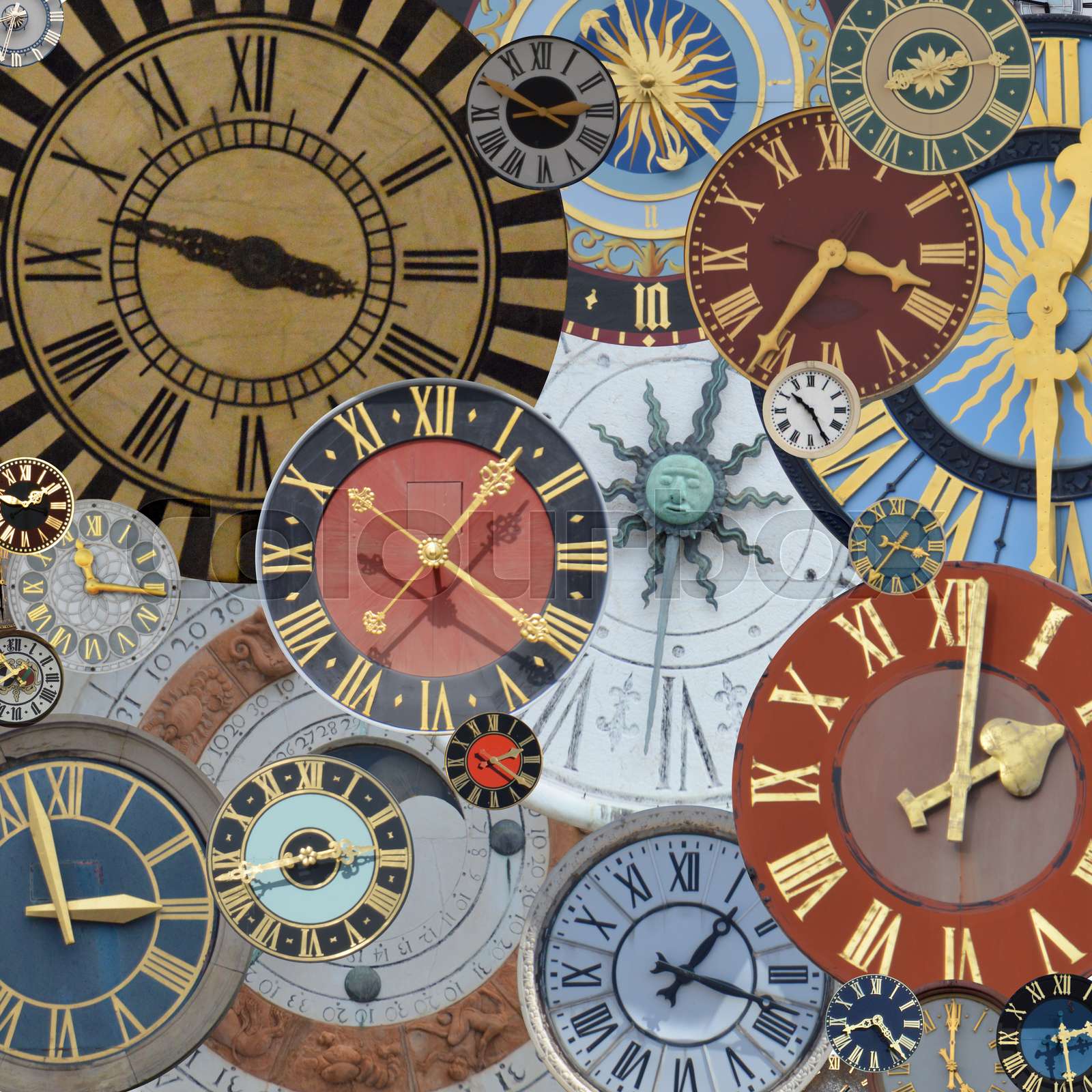 multicolored collection of ancient church tower clocks on a pile in ...