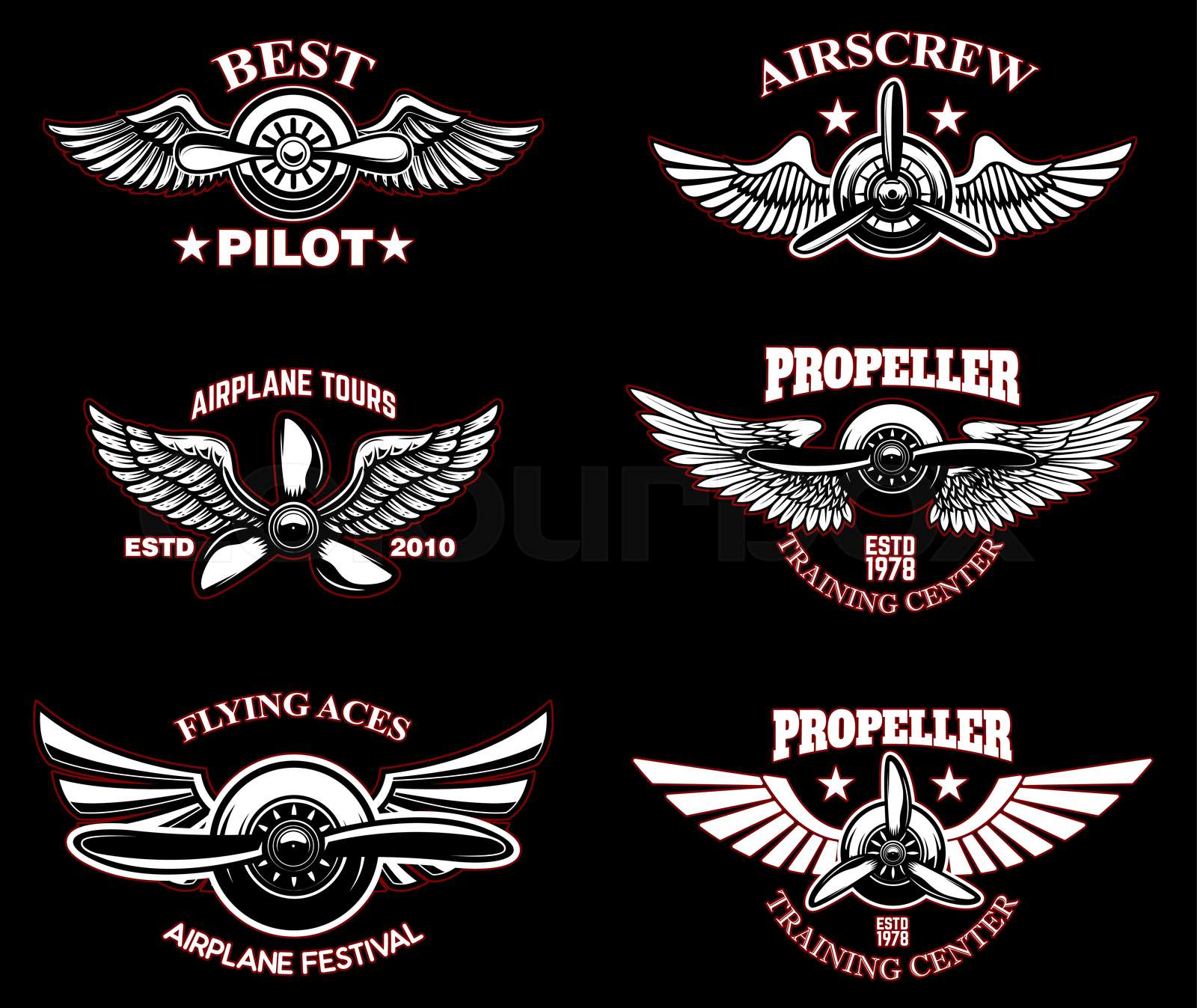 Set of vintage airplane emblems. Design elements for logo, label, sign ...
