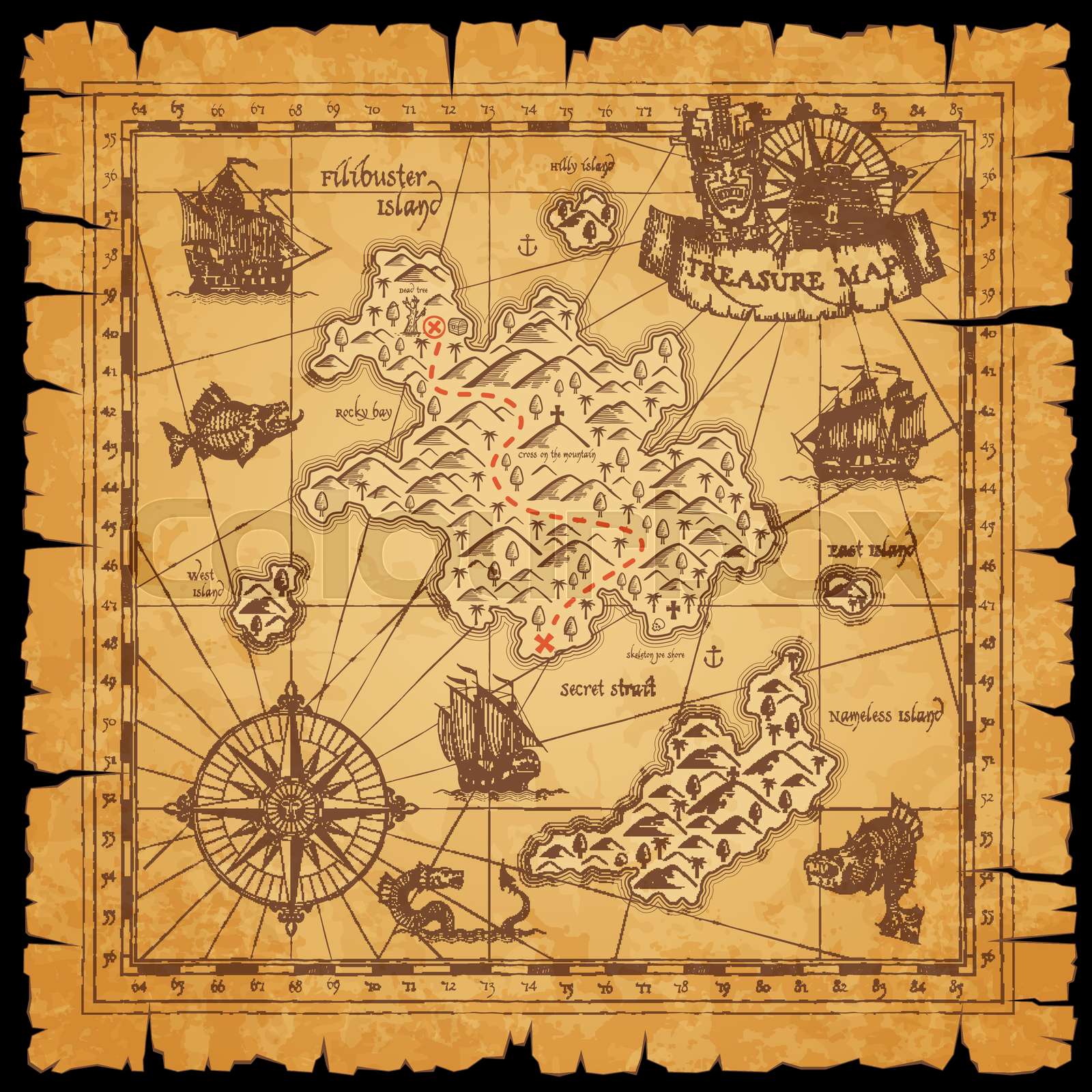 Pirate treasure map, sea, island, ship sketches | Stock vector | Colourbox