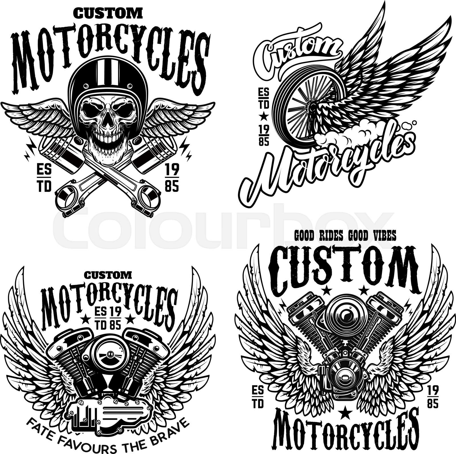Set of racer emblem templates with motorcycle motor, wheels. wings ...