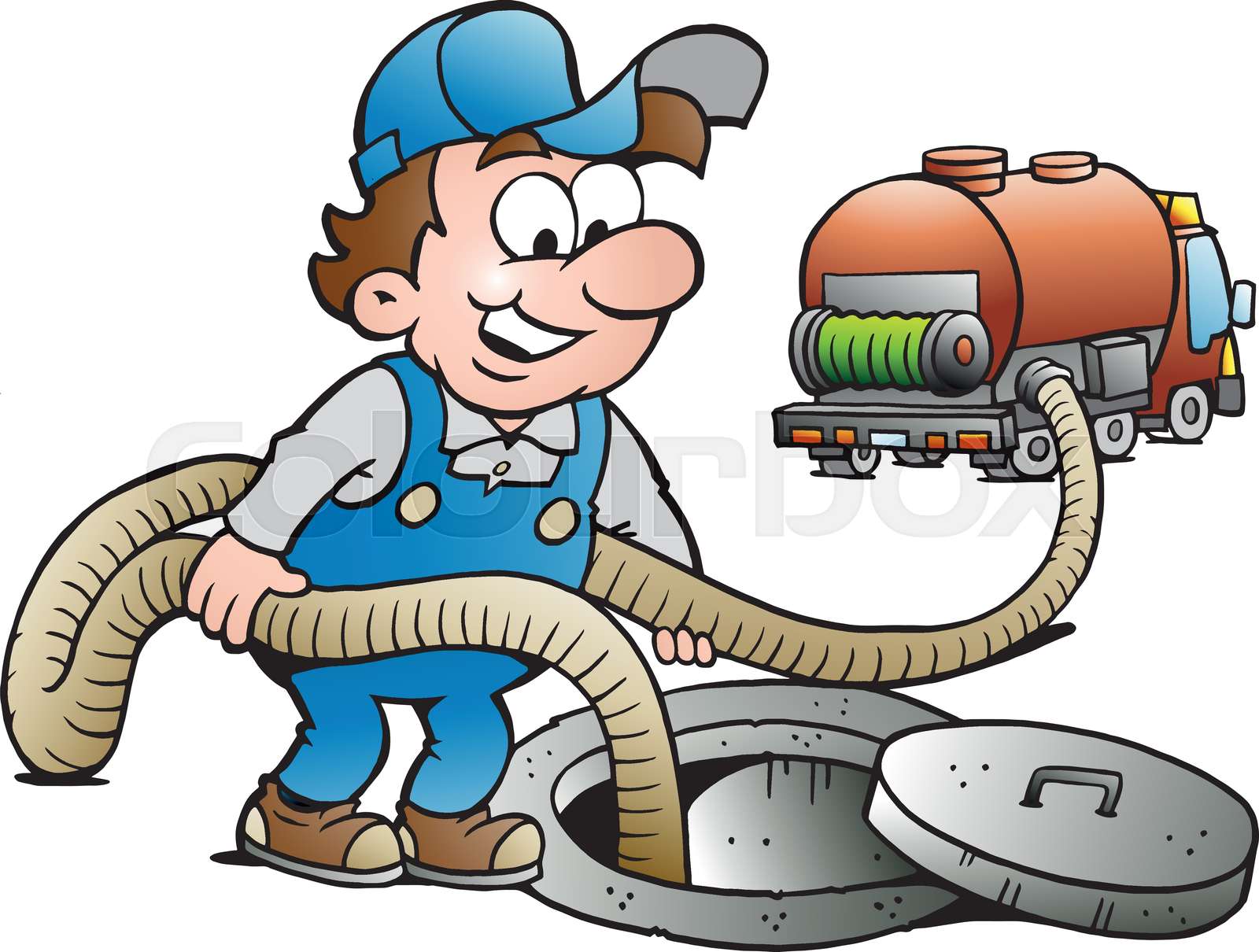 Vector Cartoon illustration of a Happy Sewer Master & Vacuum Truck ...