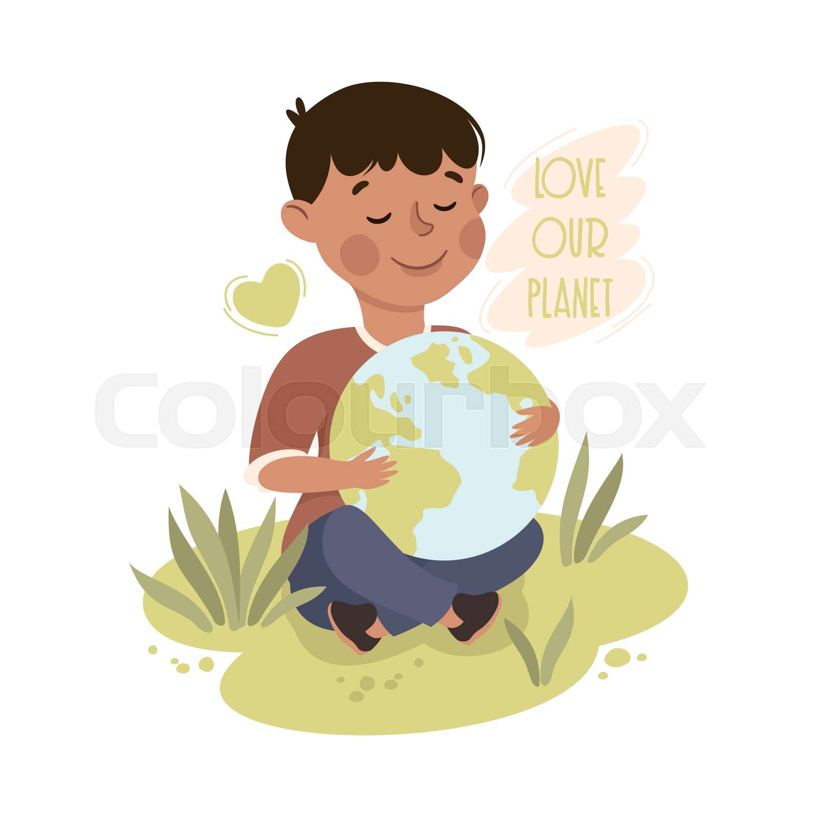Happy Boy Sitting on Green Lawn with Earth Globe, Save the World ...