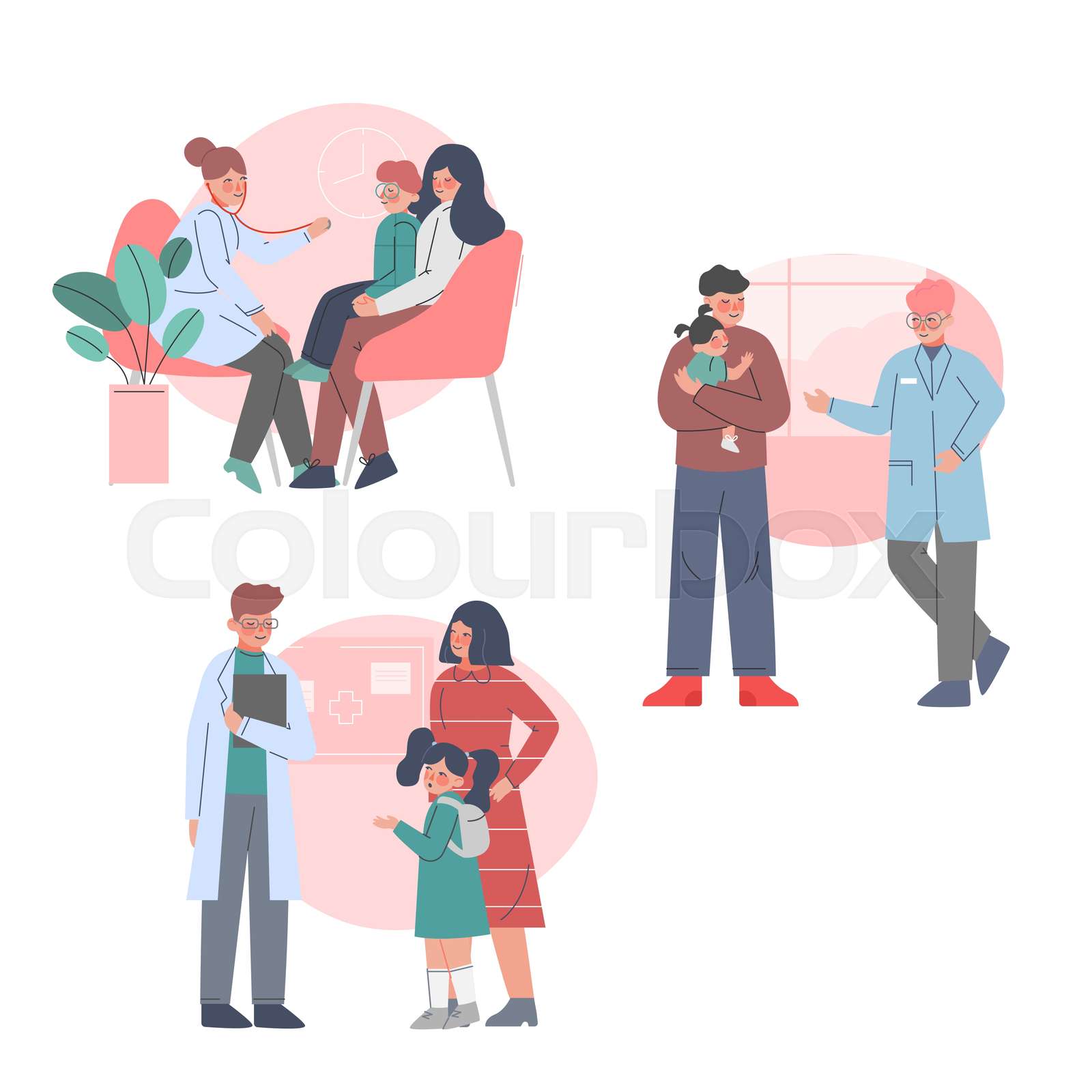 Moms and Children Visiting Doctors Set, Pediatricians Consulting Little ...