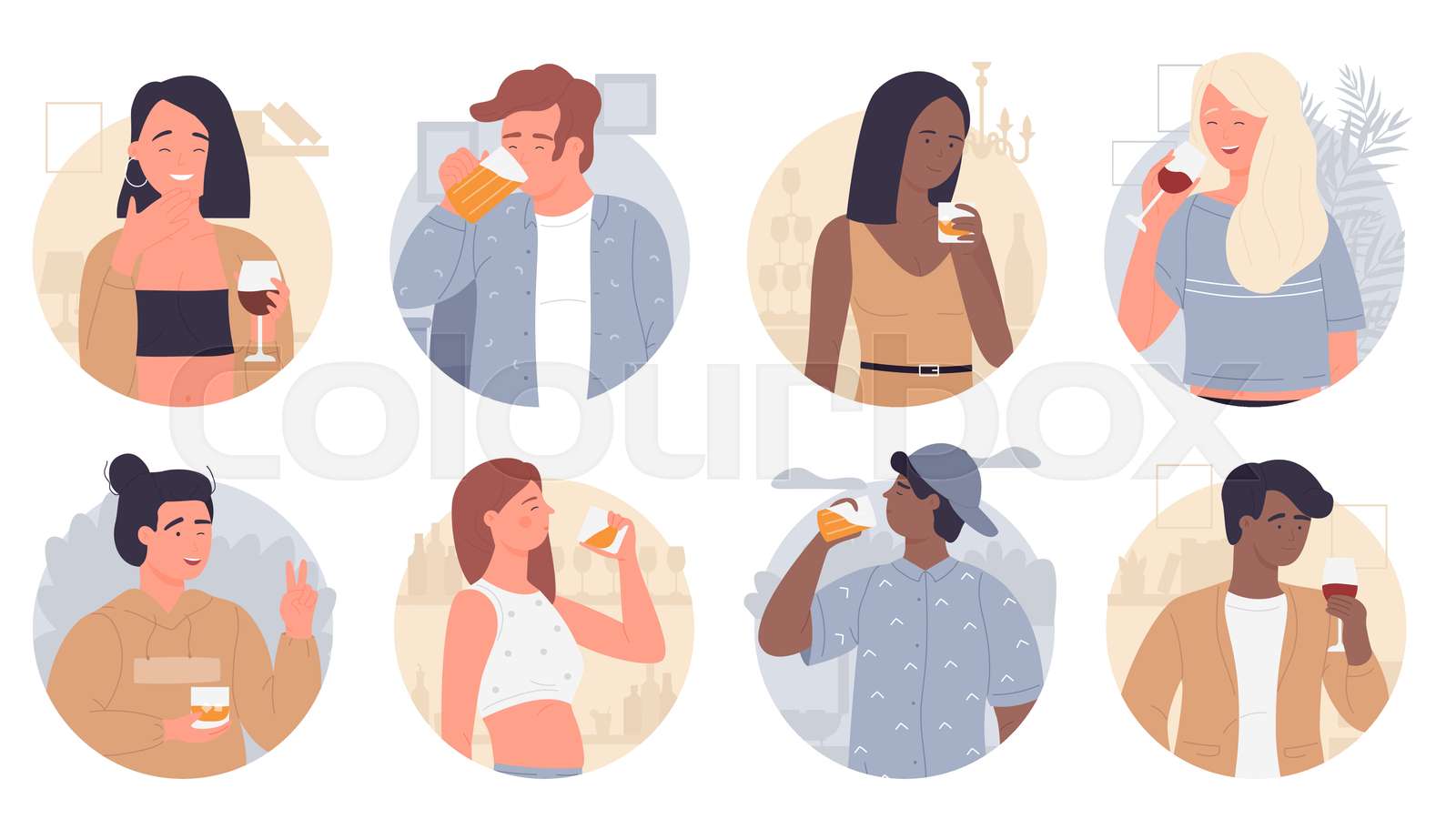 young people students drinking different alcohol set isolated on white ...