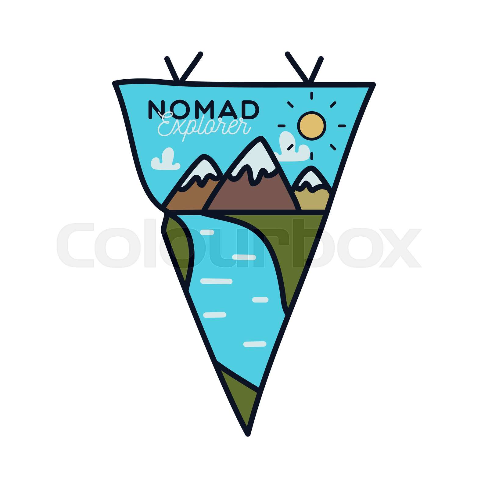 Vintage nomad explorer pennant template, adventure emblem design with mountains and river ...