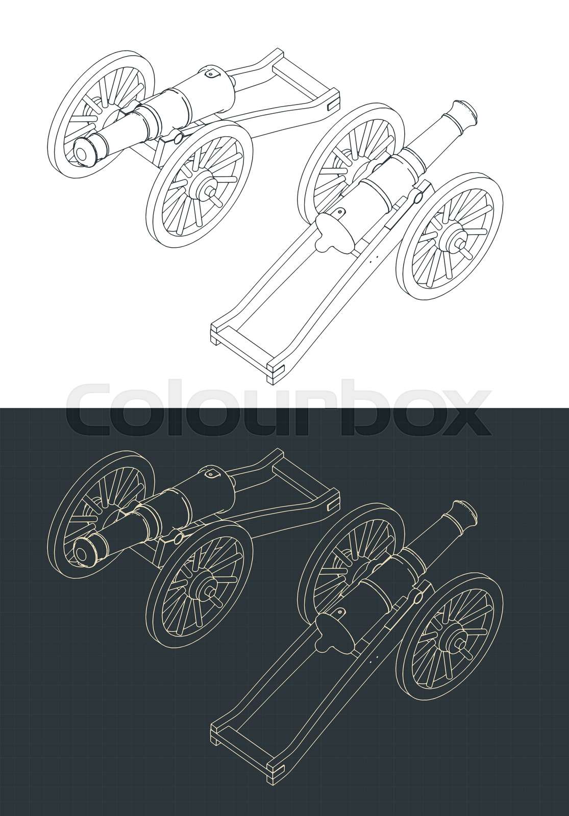 Vintage Cannon Isometric Drawings | Stock vector | Colourbox