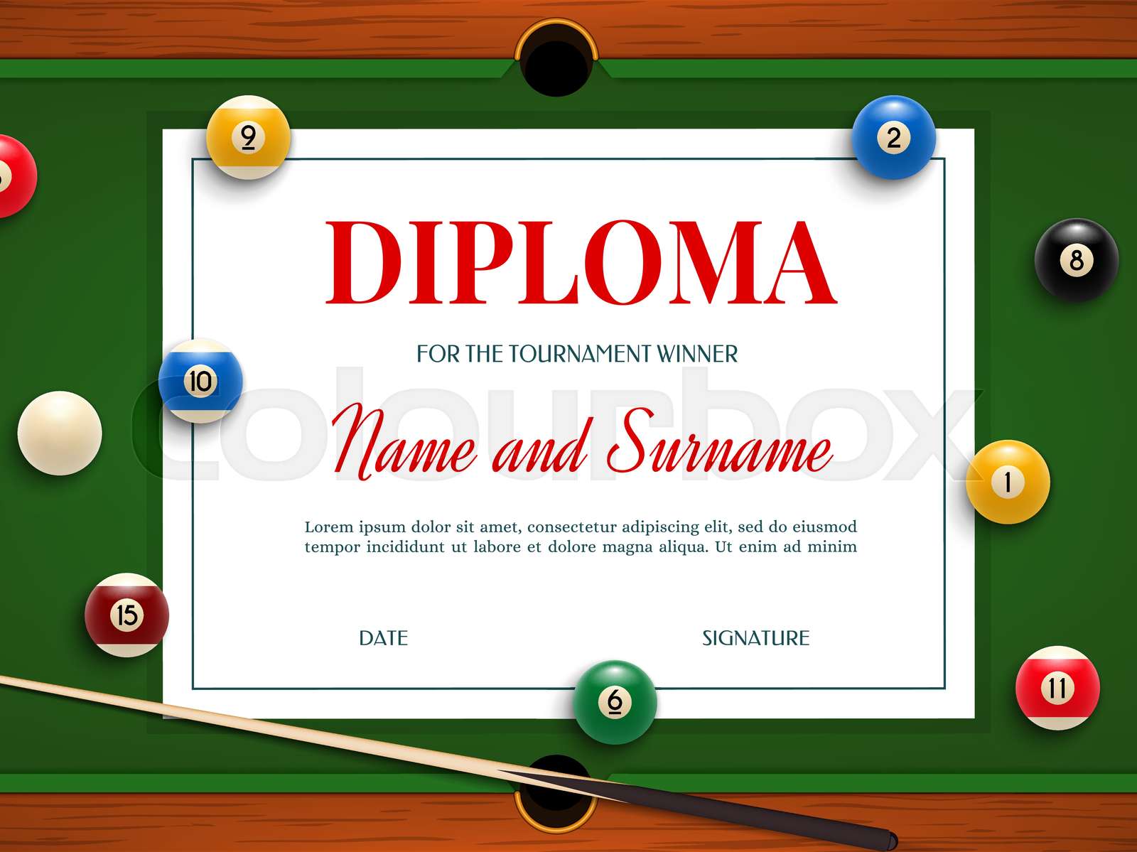 Diploma for billiard tournament winner certificate | Stock vector ...