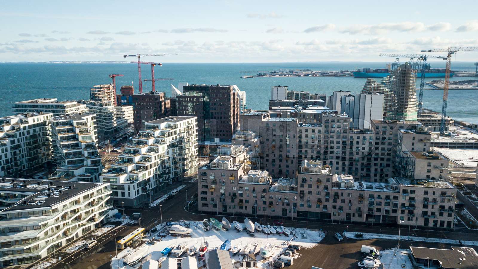 aarhus island. Locally called Aarhus Ø. Frozen and snow covered. Modern ...