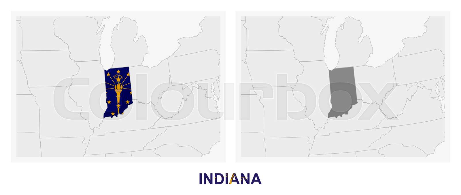 Two versions of the map of US State Indiana, with the flag of Indiana ...