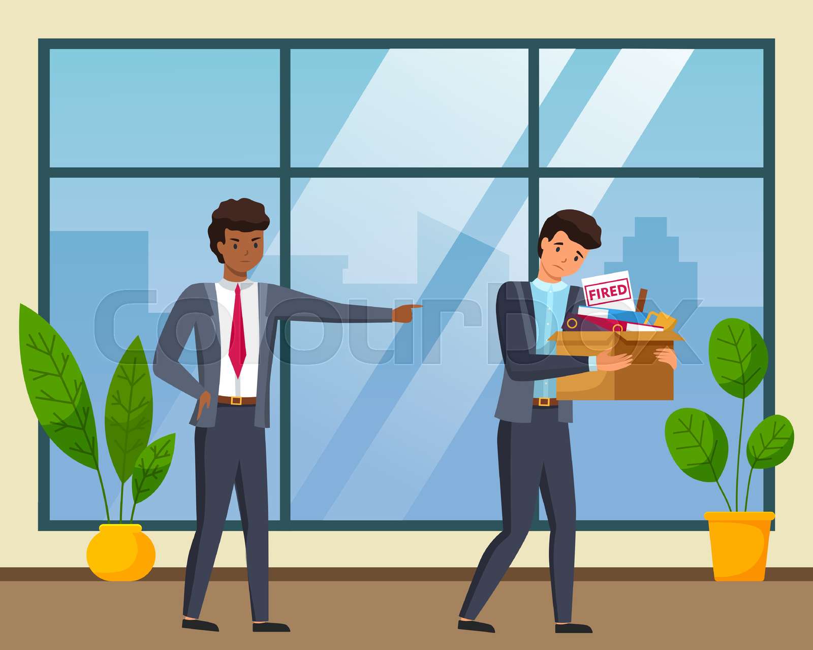 Layoff concept. Boss dismissed employee. Unhappy fired man leaves the ...