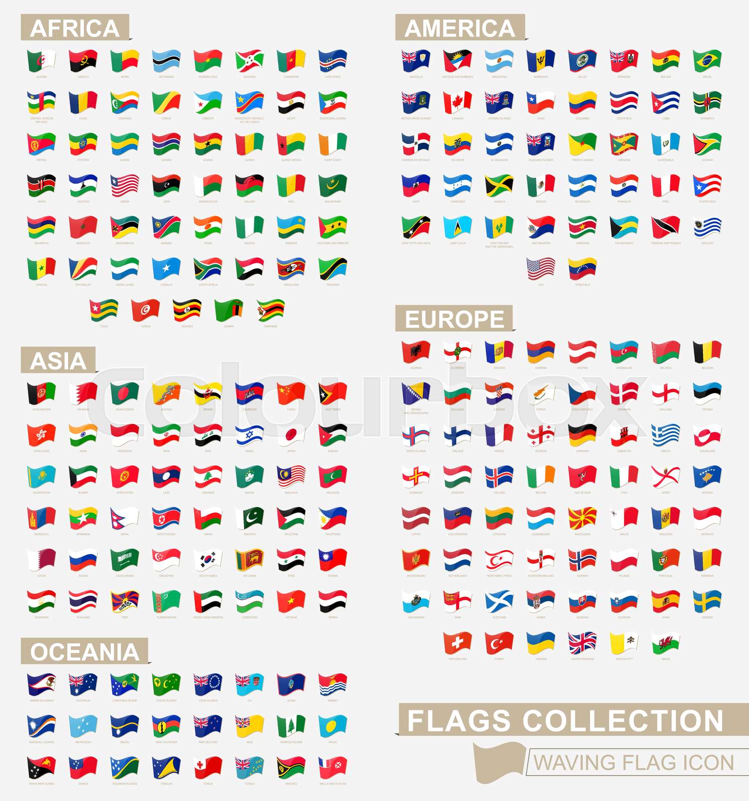 Waving flag icon, big flags collection sorted by continents and ...