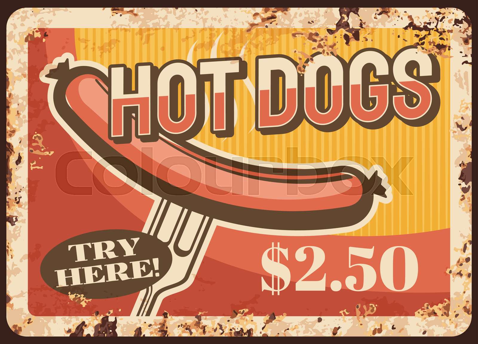 Hot dog fast food vector rusty plate, price tag | Stock vector | Colourbox