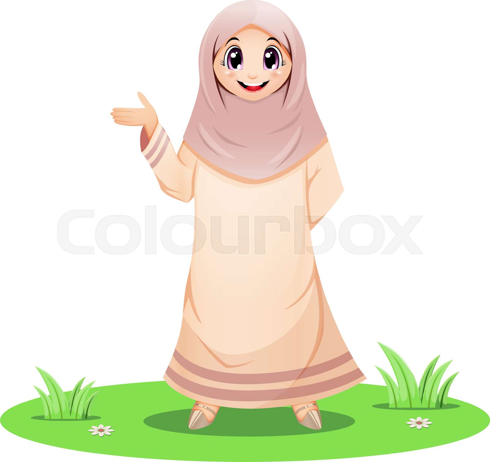 Cute Muslim girl standing and presenting | Stock vector | Colourbox
