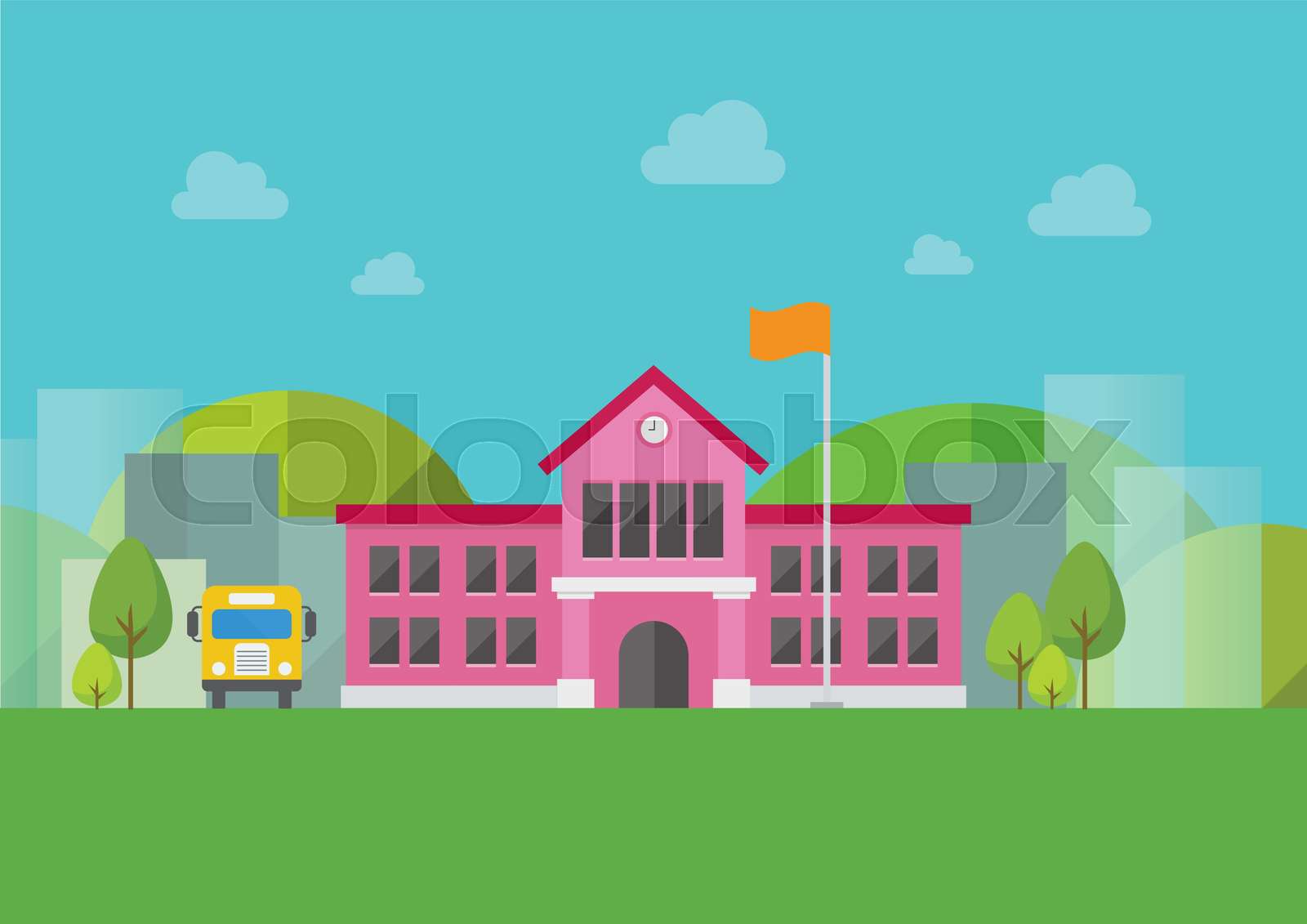 School building with urban landscape in background | Stock vector ...