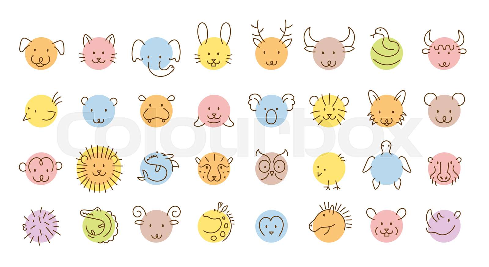 Animals Head Simply Circle Shape and Line Drawing Set | Stock vector ...