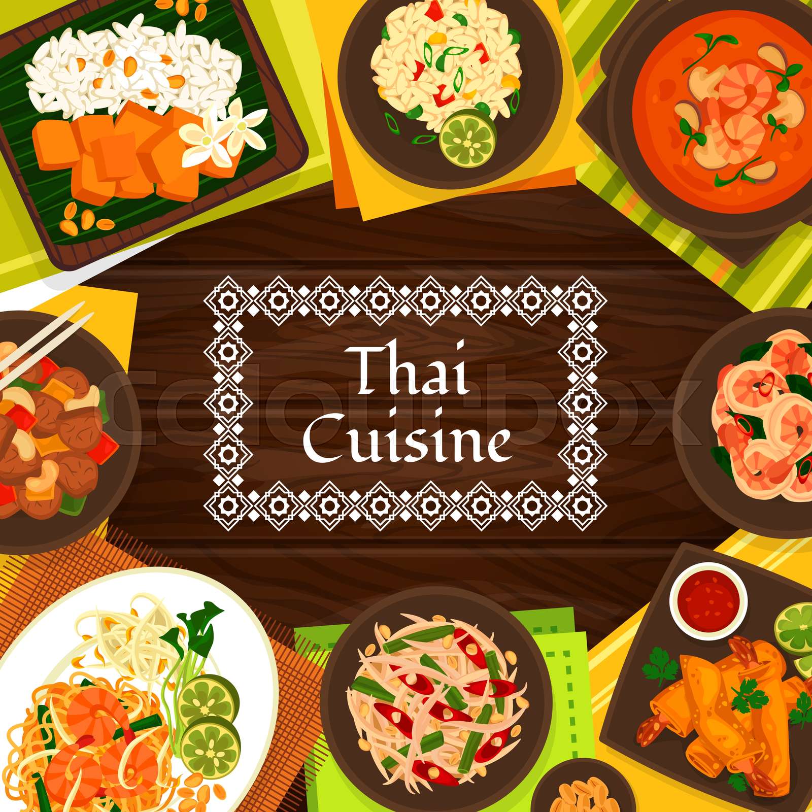 Thai cuisine cartoon vector poster, Thailand meals | Stock vector ...