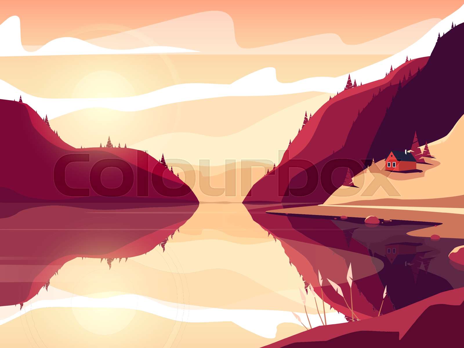 Colorful vector illustration of a scandinavian fjord at sunset | Stock ...