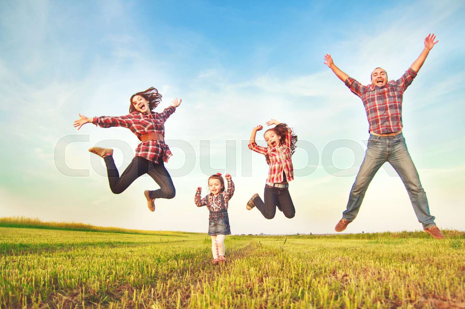 family jumping in the field | Stock image | Colourbox