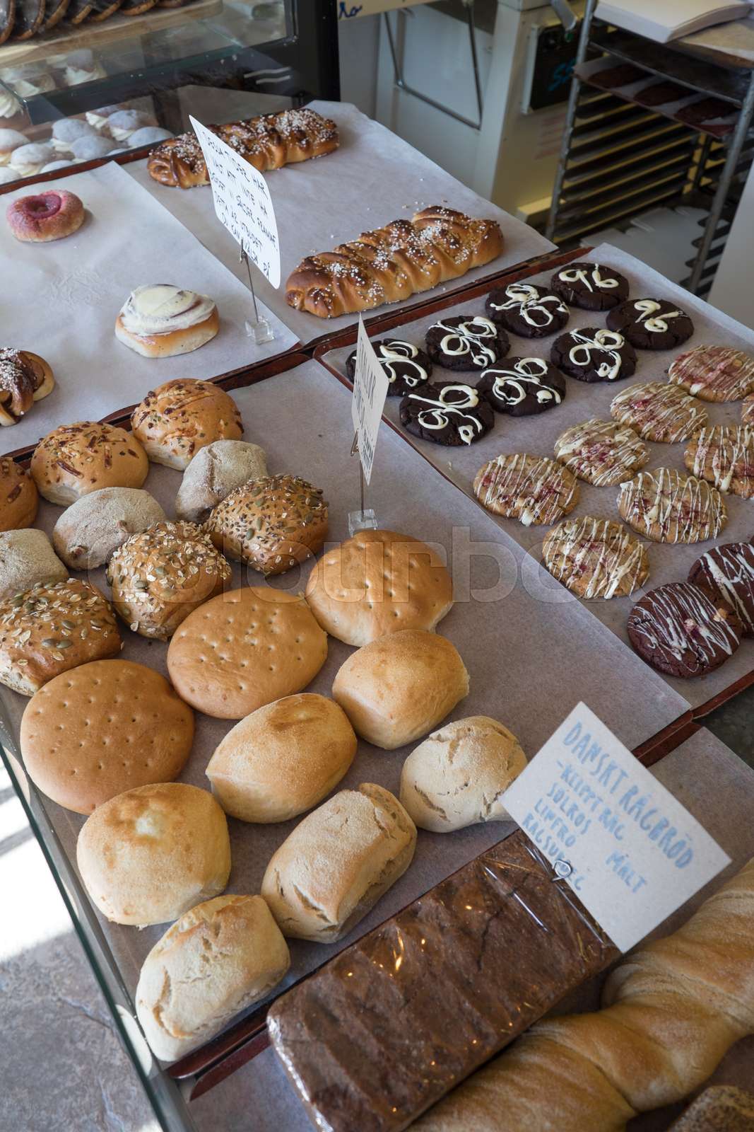 Traditional Swedish treats in a display case in a sourdough bakery ...