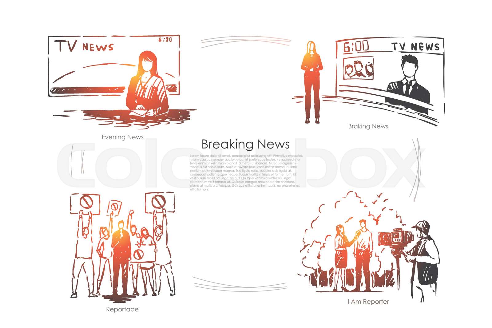 Evening television program, female newscaster, reporter taking ...