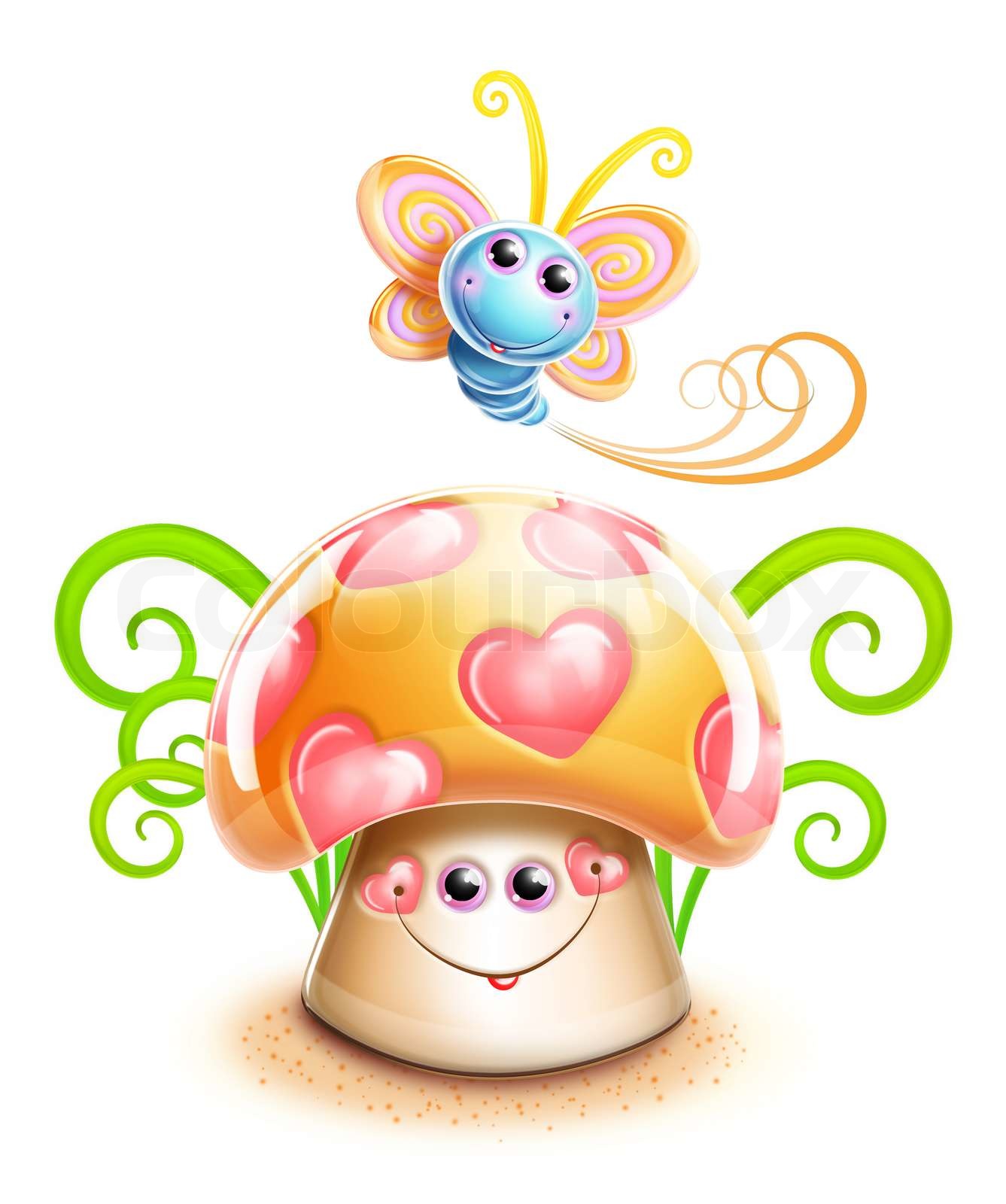 Whimsical Cute Kawaii Cartoon Butterfly And Mushroom Stock Image Colourbox 