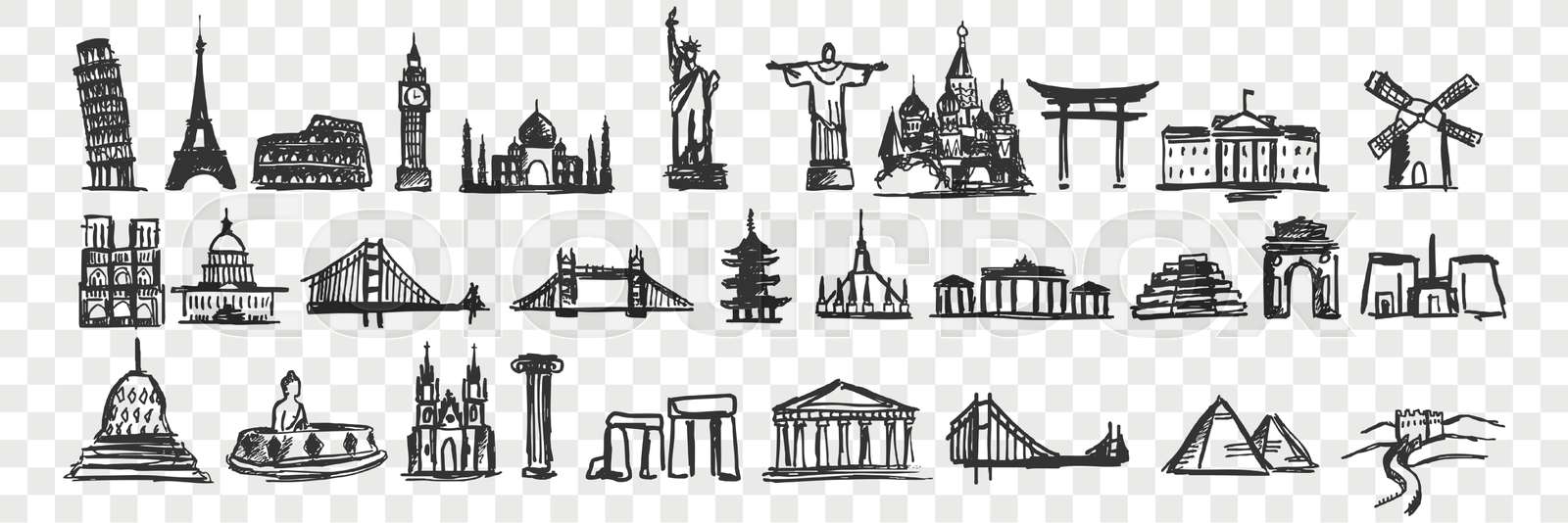 Hand drawn landmarks doodle set | Stock vector | Colourbox