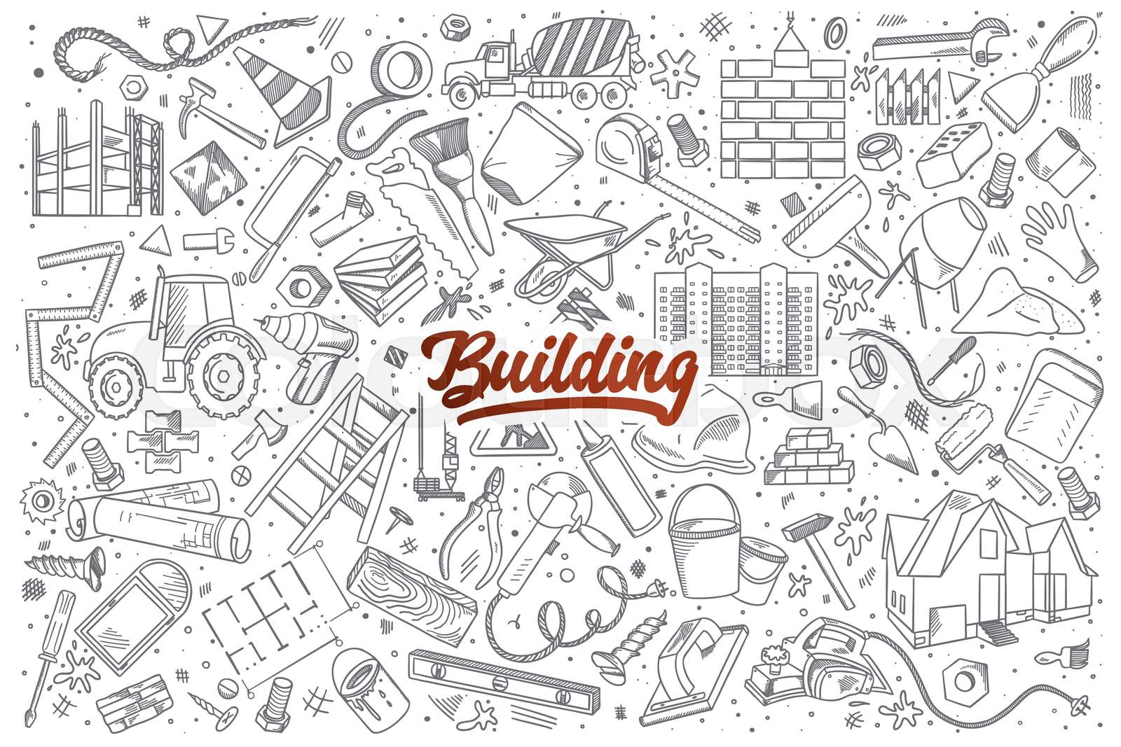 Building doodle set with red lettering | Stock vector | Colourbox