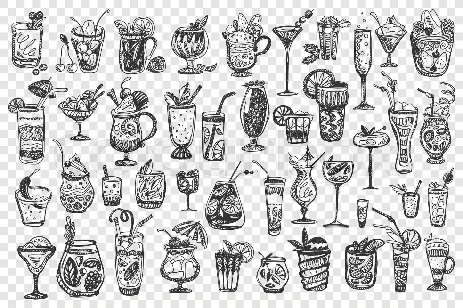 Cocktails hand drawn doodle set | Stock vector | Colourbox