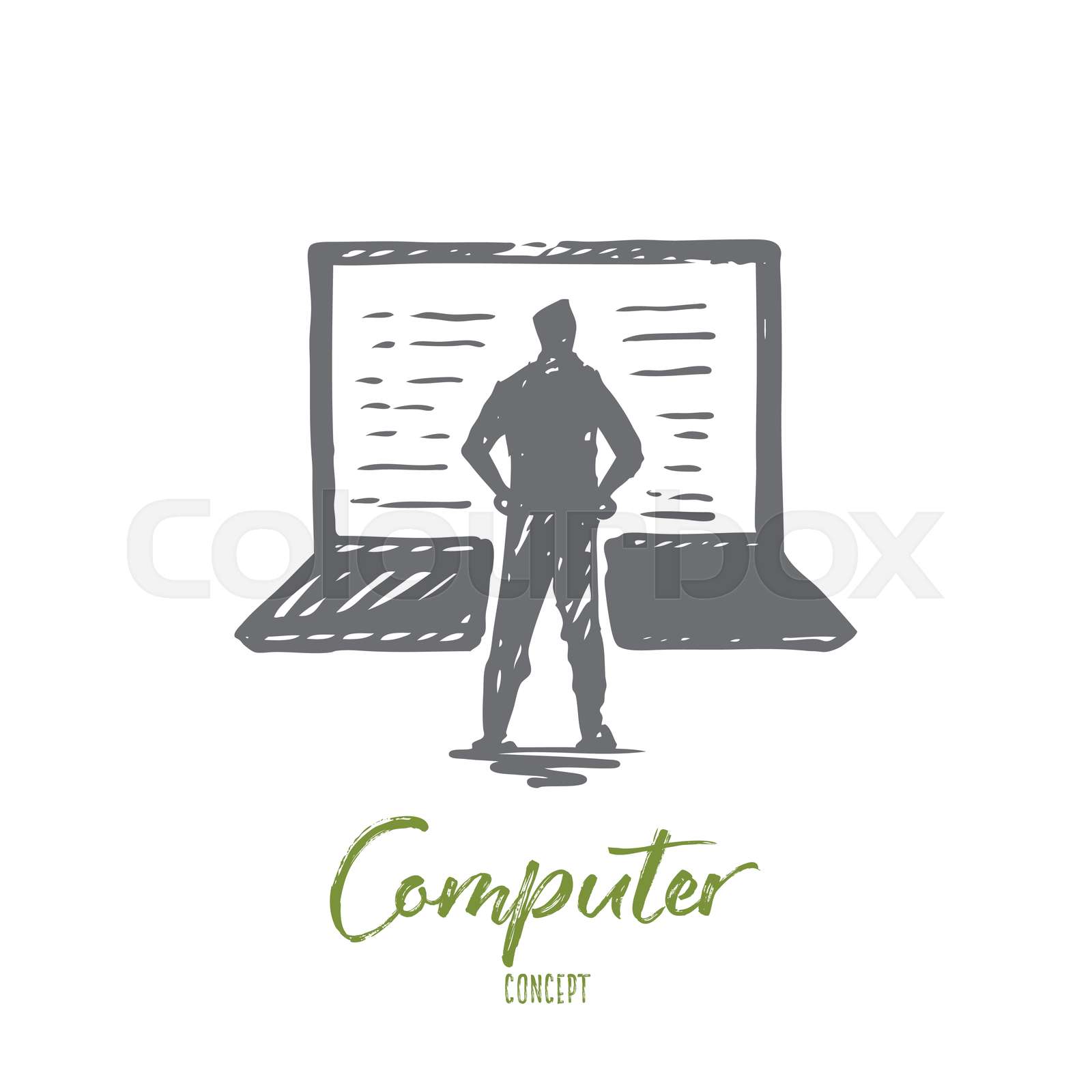 Computer, laptop, person, work, technology concept. Hand drawn isolated ...