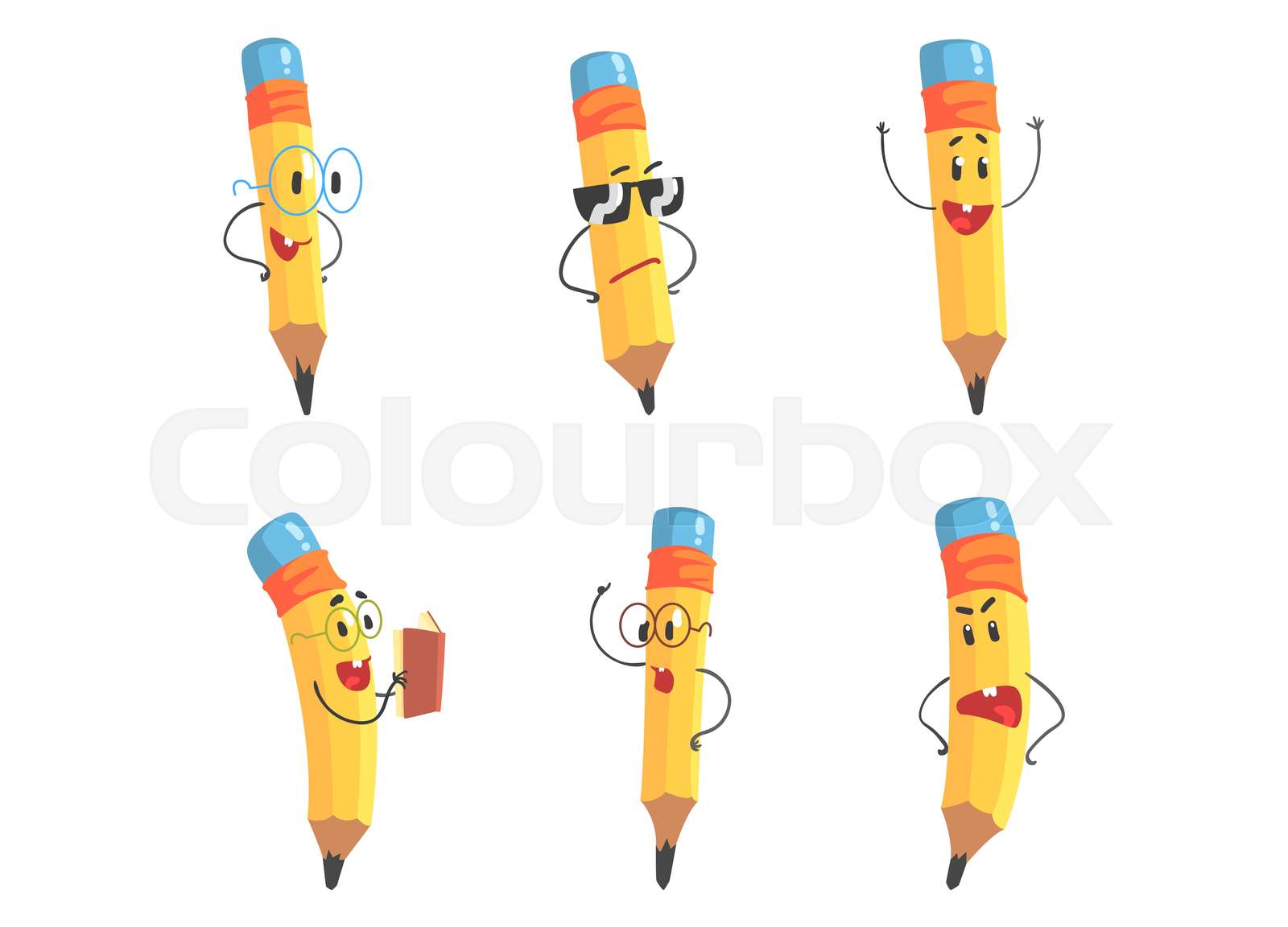 Set of Yellow Pencil Characters, Cute Pencils with Funny Faces and ...