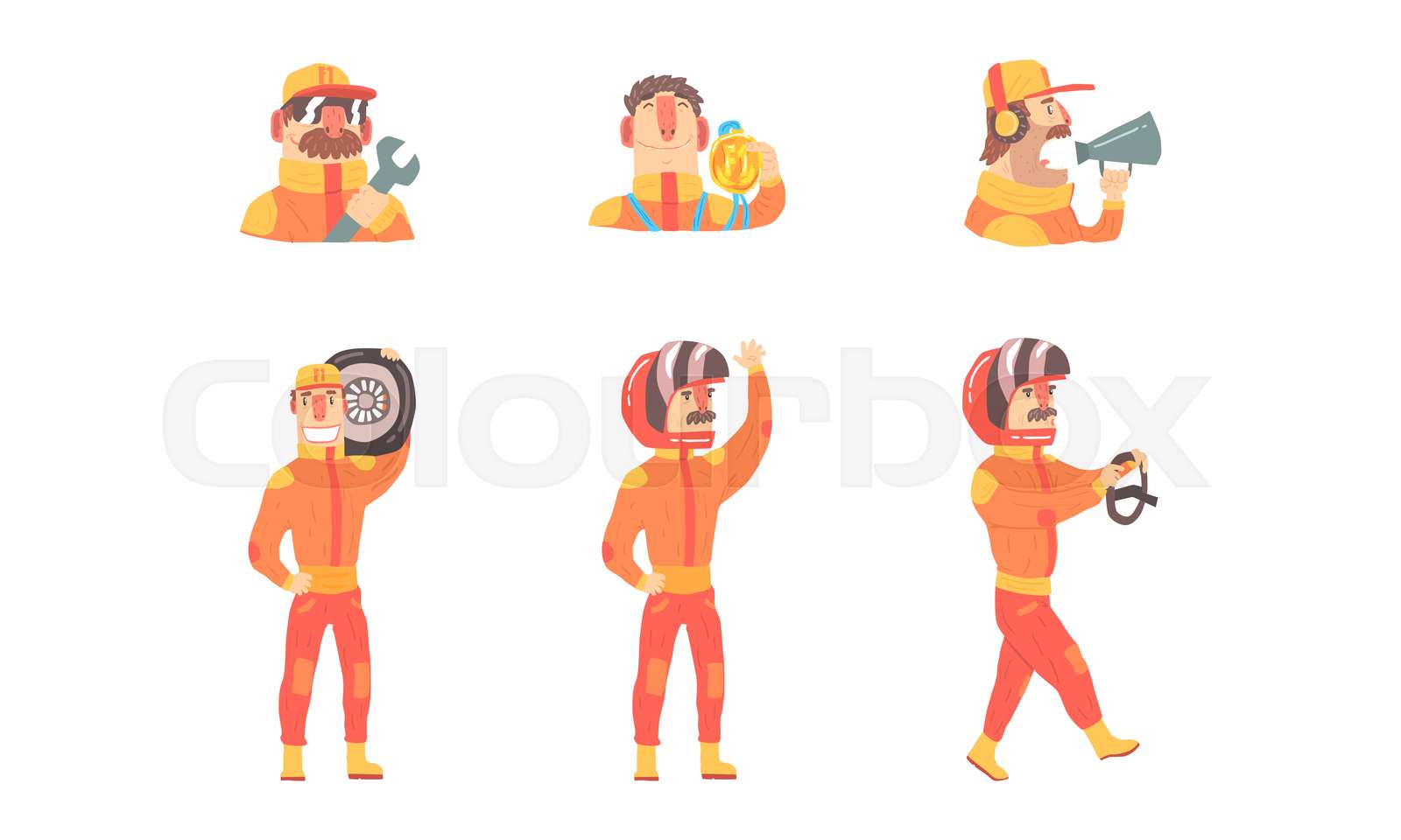 Race Drivers Set, Racer Characters Wearing Orange Costume and Helmet ...