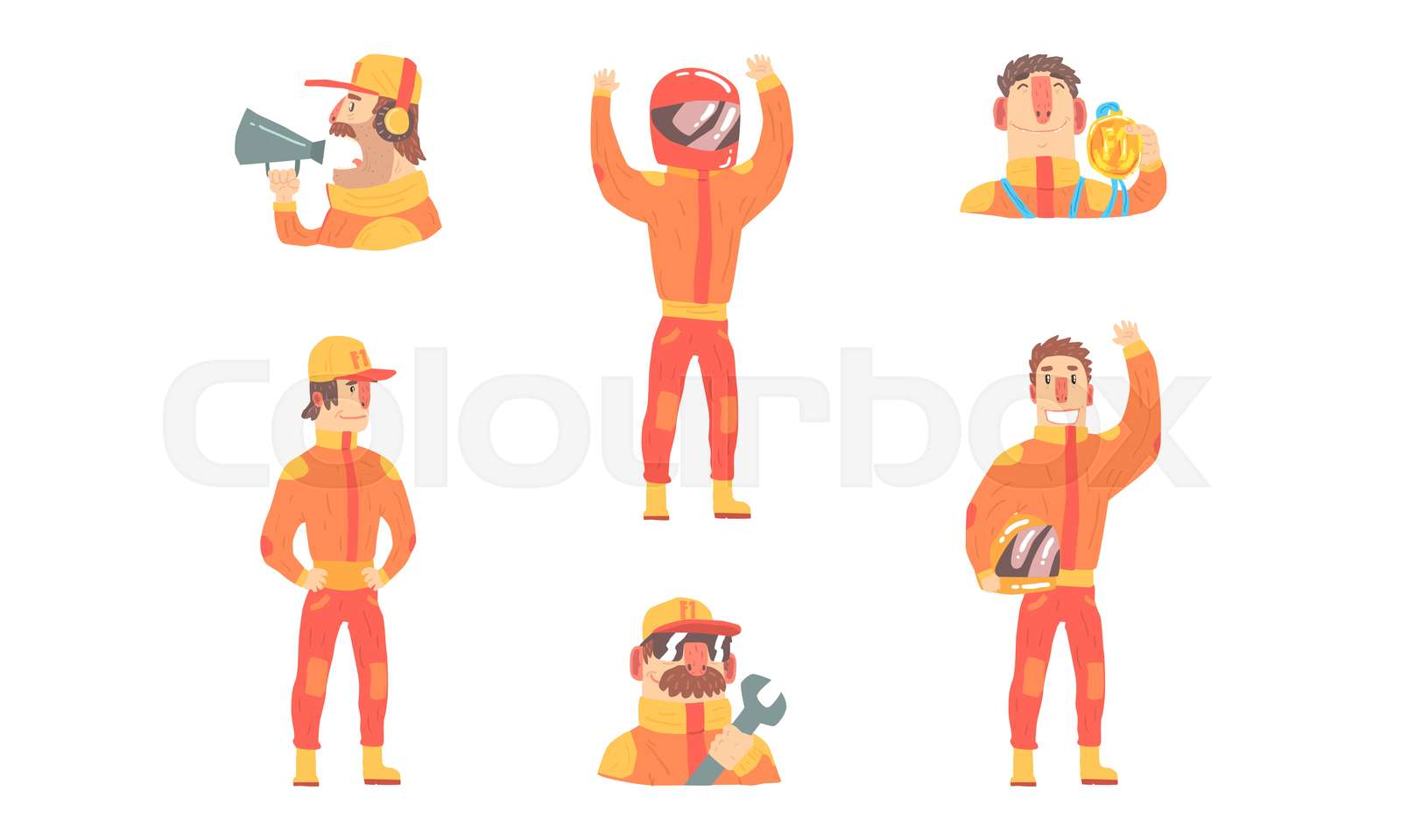 Race Drivers Set, Male Racer Characters Wearing Orange Costume and ...